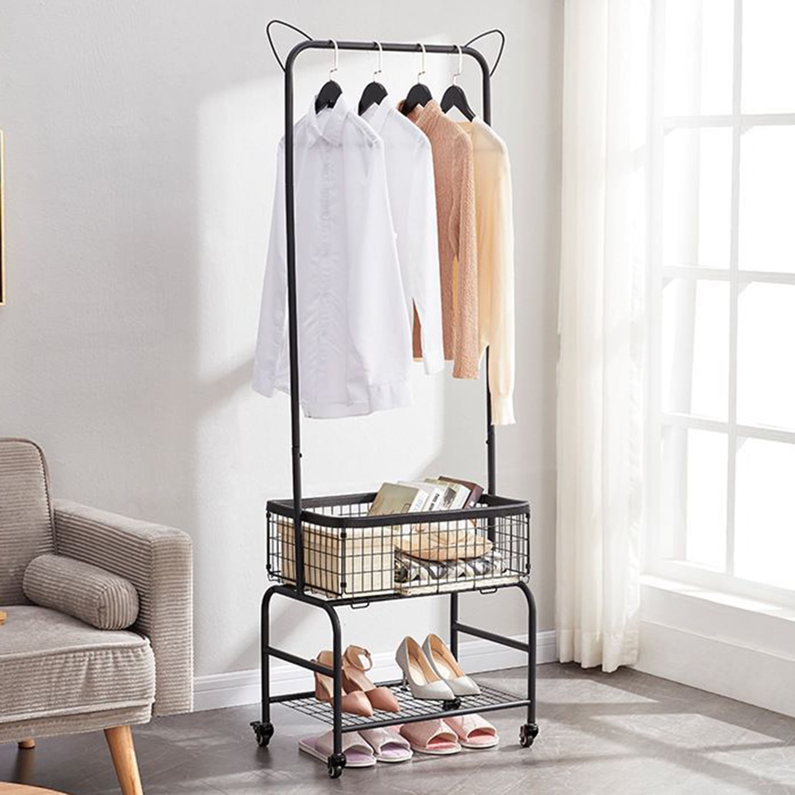 Rolling Laundry Butler with Wire Storage Rack, Rectangular Laundry ...