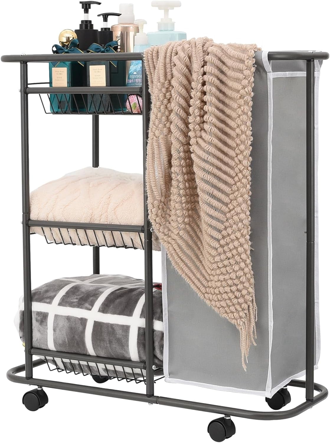 Rolling Laundry Cart with Wheels, 3-Tier Laundry Caddy Between Washer ...