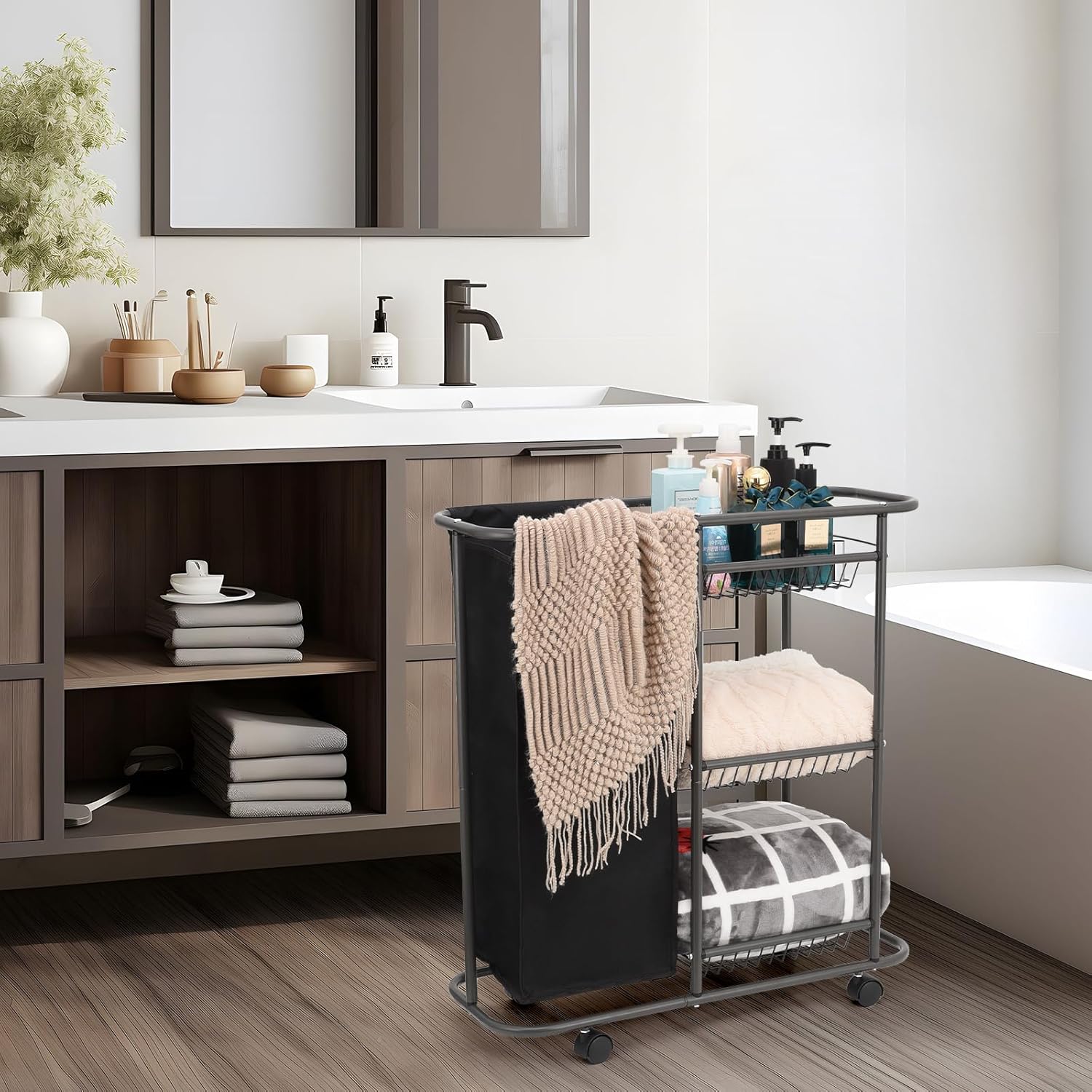 Rolling Laundry Cart with Wheels: 3-Tier Laundry Caddy Between Washer ...