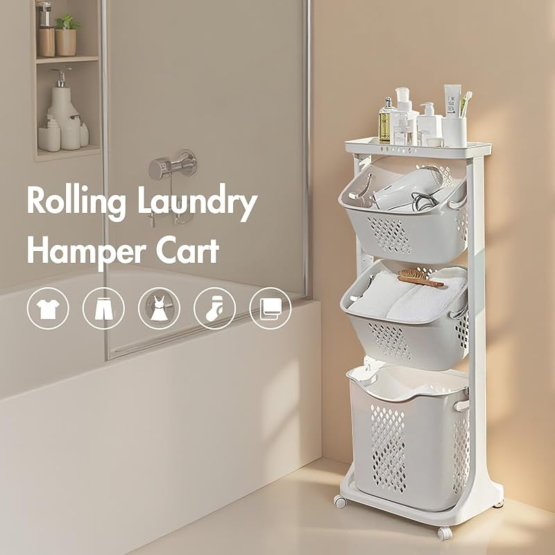 Rolling Laundry Hamper Cart with Wheels, 3 Tier White Laundry Baskets ...