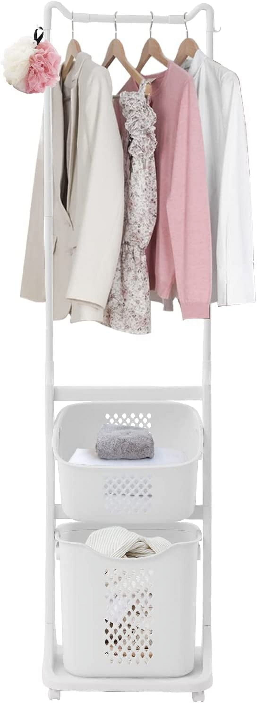 Rolling Laundry Hamper Cart with Wheels and Hanging Bar, 2 Tier Rolling ...