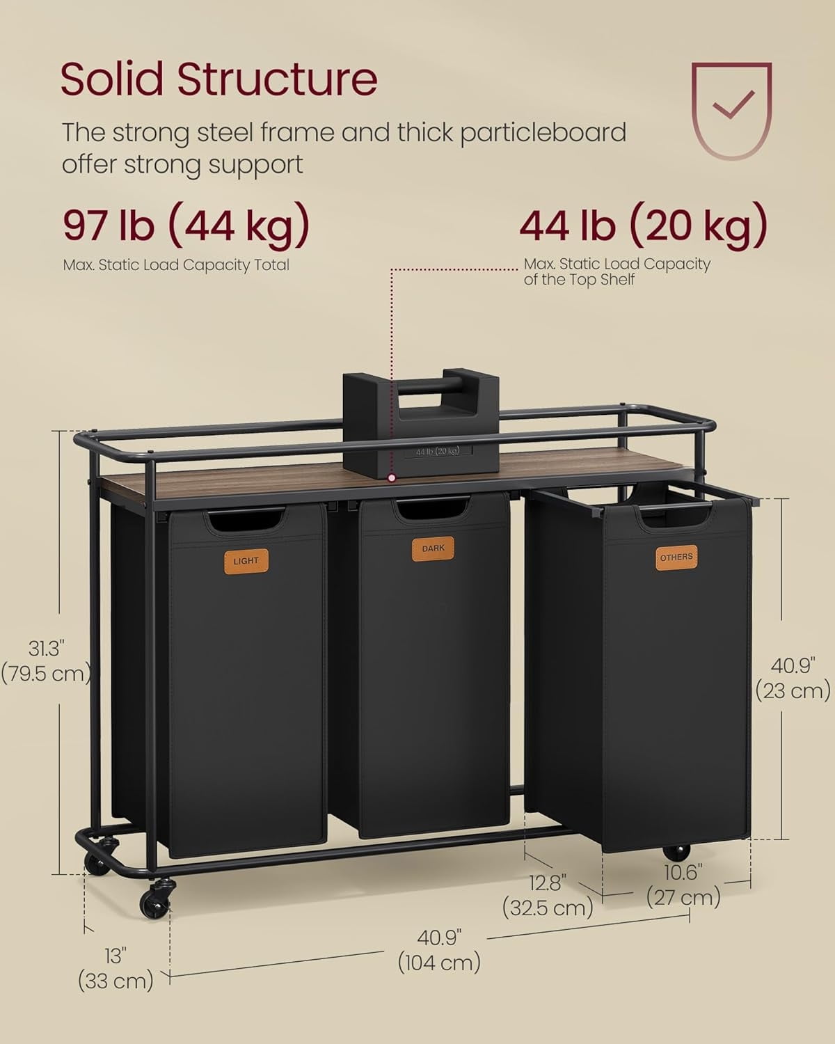 Rolling Laundry Sorter 150L with Wheels Shelf and 3 Removable Liners ...