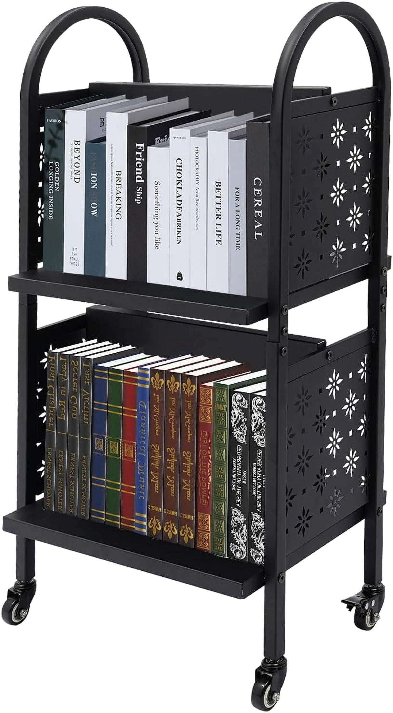 Rolling Library Book Cart, Office Book Cart with 4 Lockable Wheels ...
