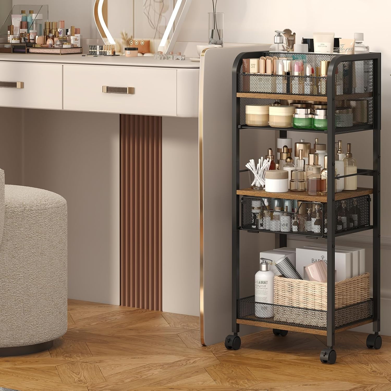 Rolling Makeup Cart Organize with Wheels, 5-Tier Makeup Stand with Drawer, Vanity Cart with DIY ...
