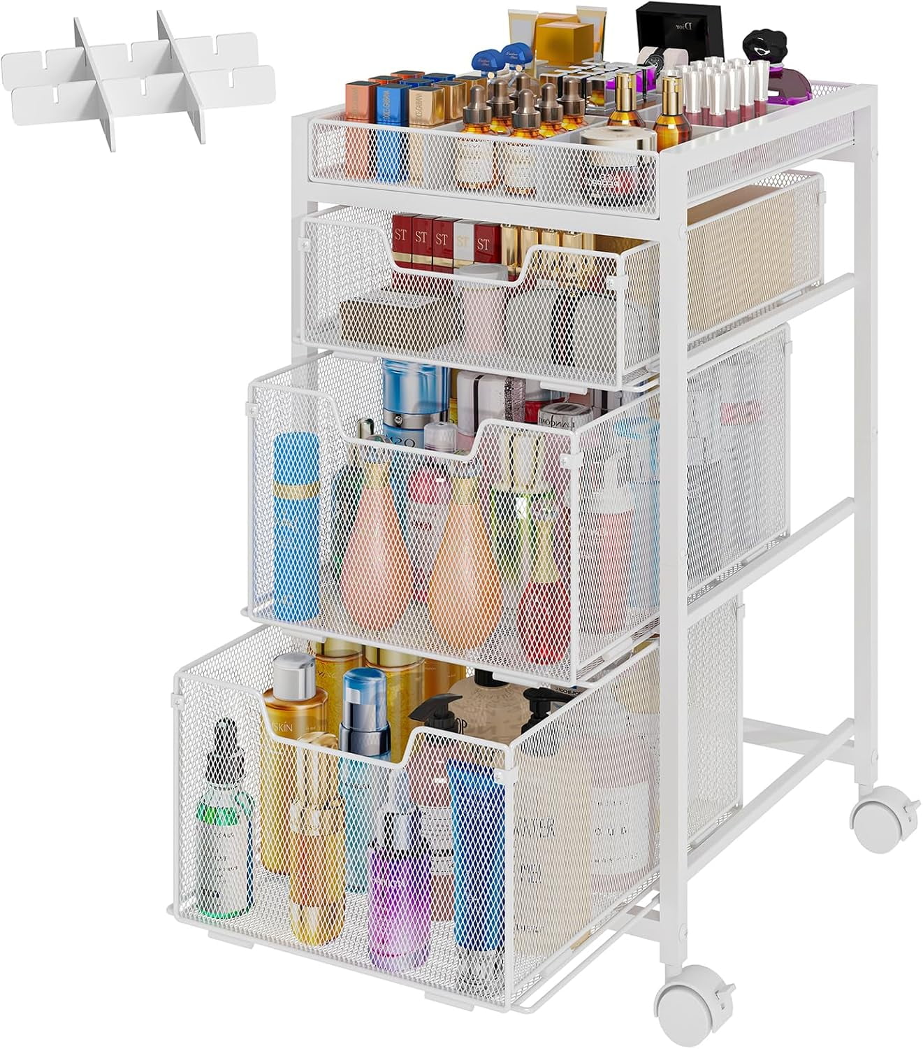 Rolling Makeup Cart Organizer with 3 Drawers, Cosmetics Display with Dividers, Floor Skincare ...