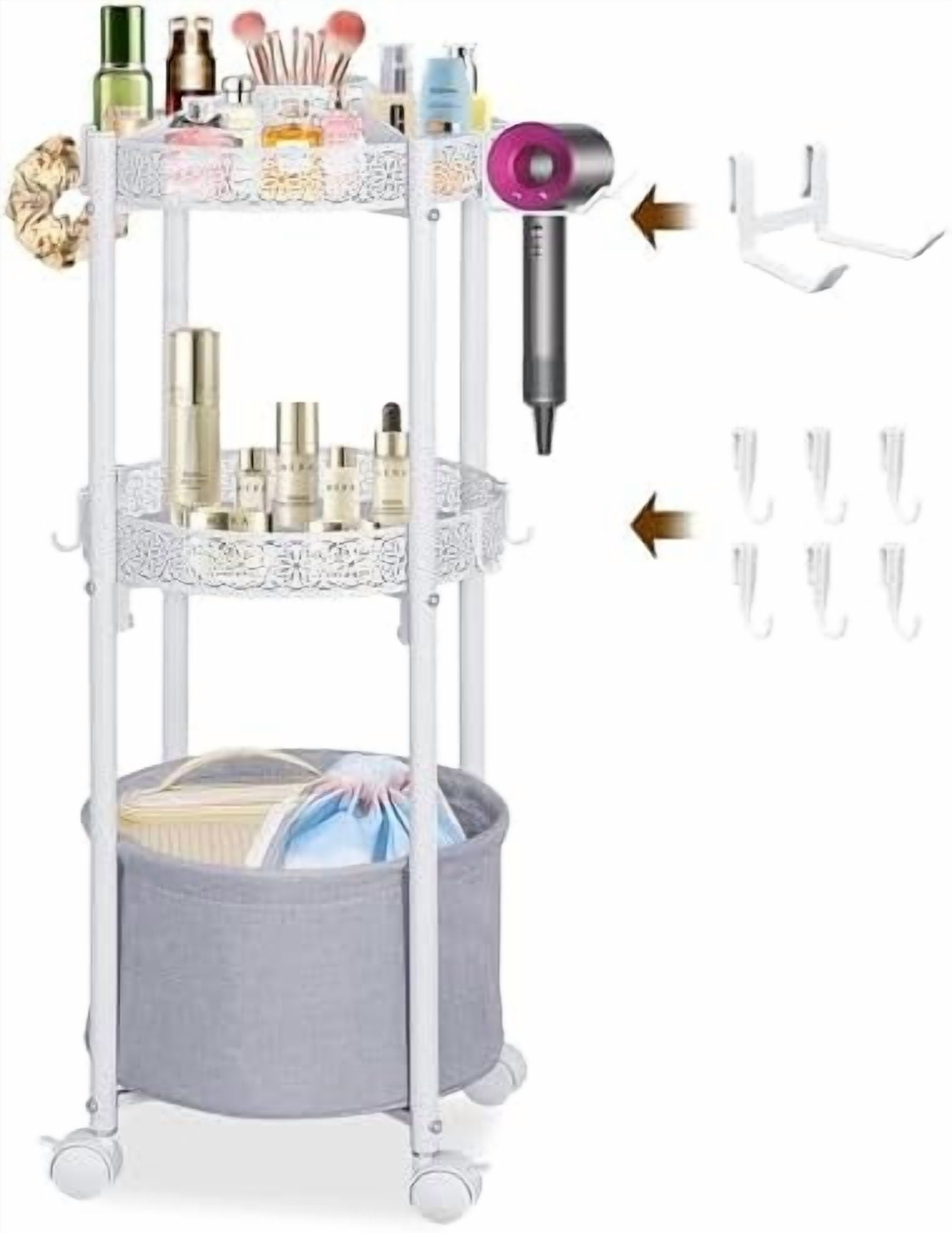 Rolling Makeup Cart Organizer with Removable Hair Dryer Holder, 3 Tier ...