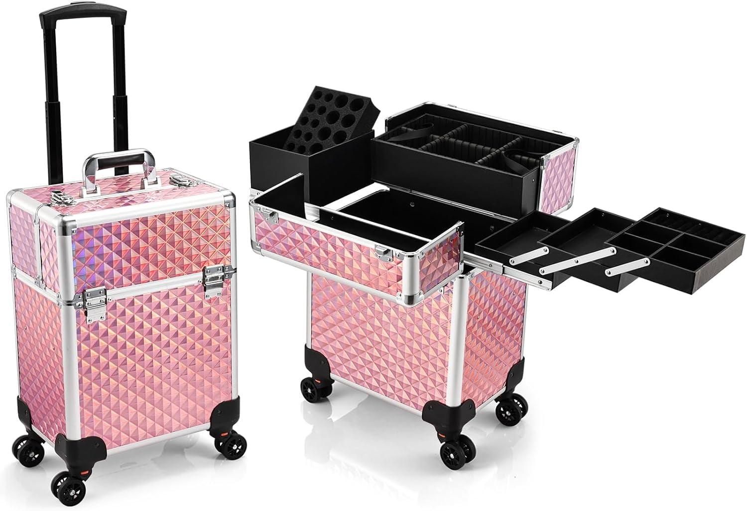 Rolling Makeup Case Extra Large Makeup Train Case 4 Tray with Sliding ...