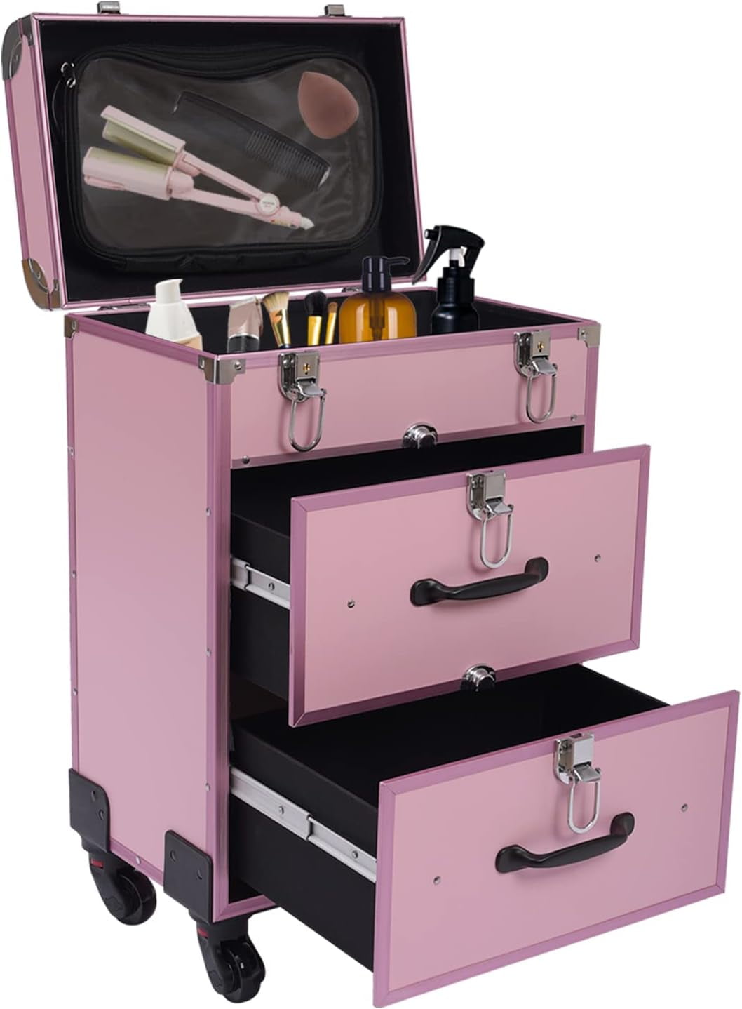 Rolling Makeup Case Pink Rolling Makeup Train Case Salon Cosmetic ...