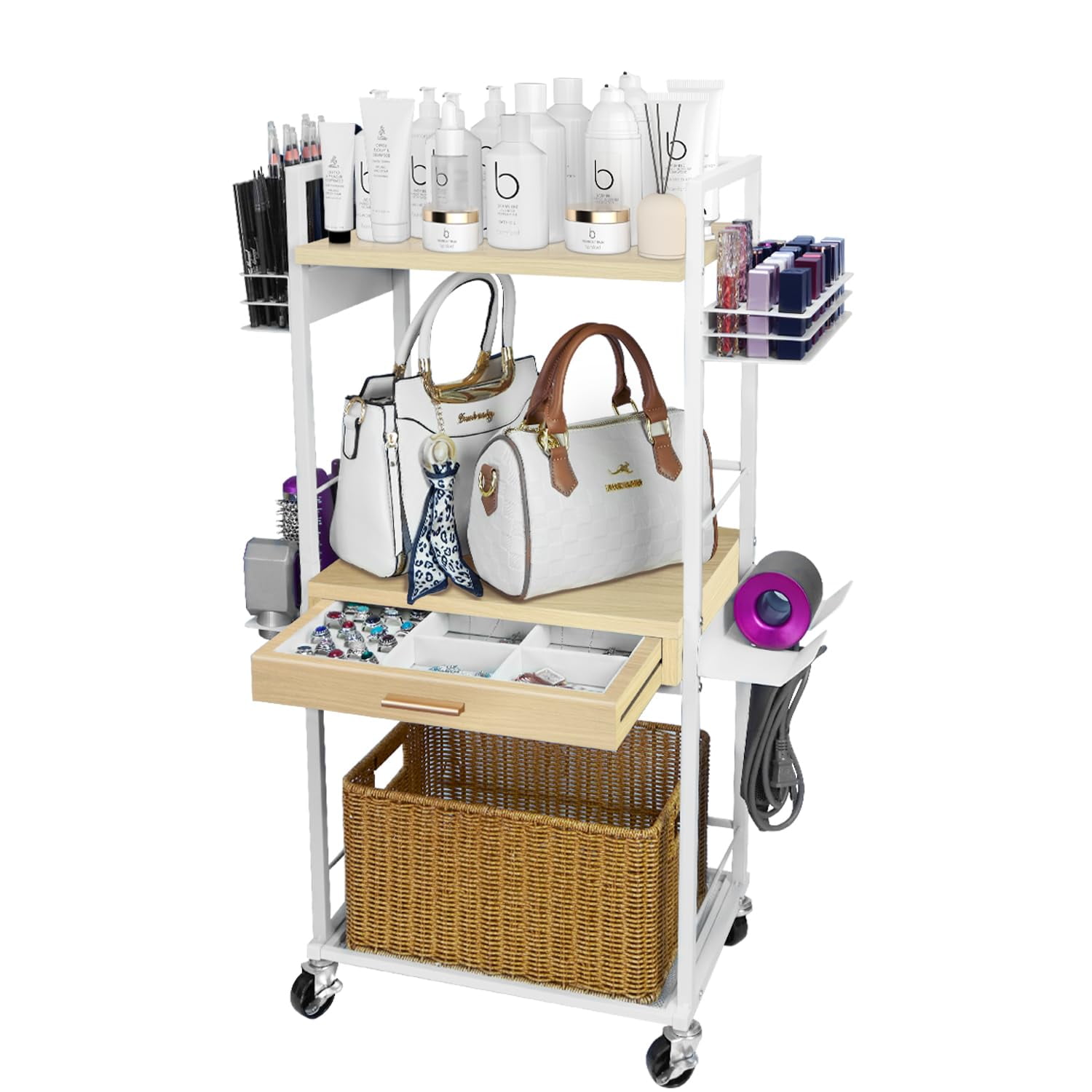 Rolling Makeup Organizer Cart with Wheels & Wood Drawers,Vanity ...