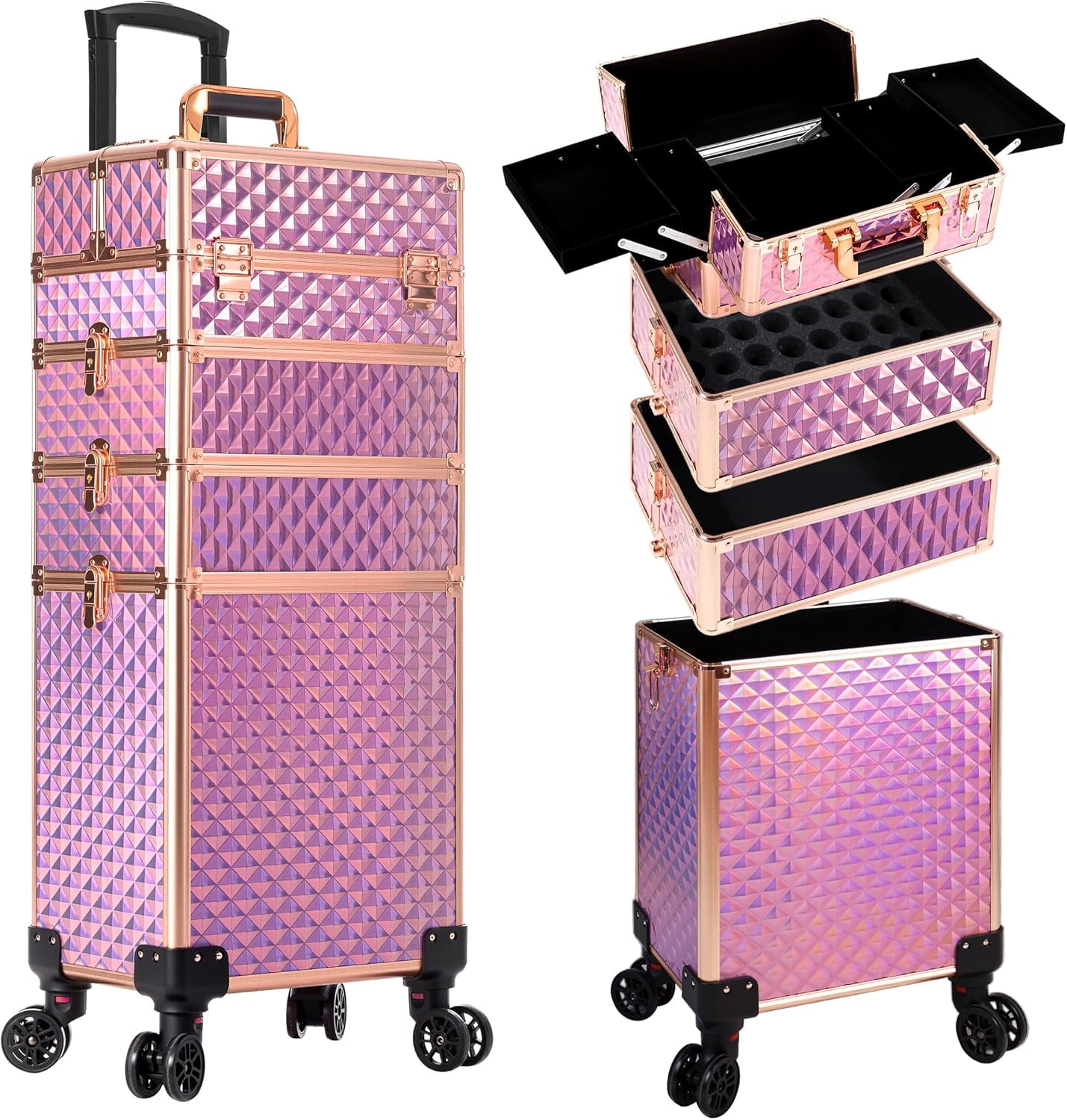 Rolling Makeup Train Case 4 in 1 Cosmetology Case on Wheels Large ...