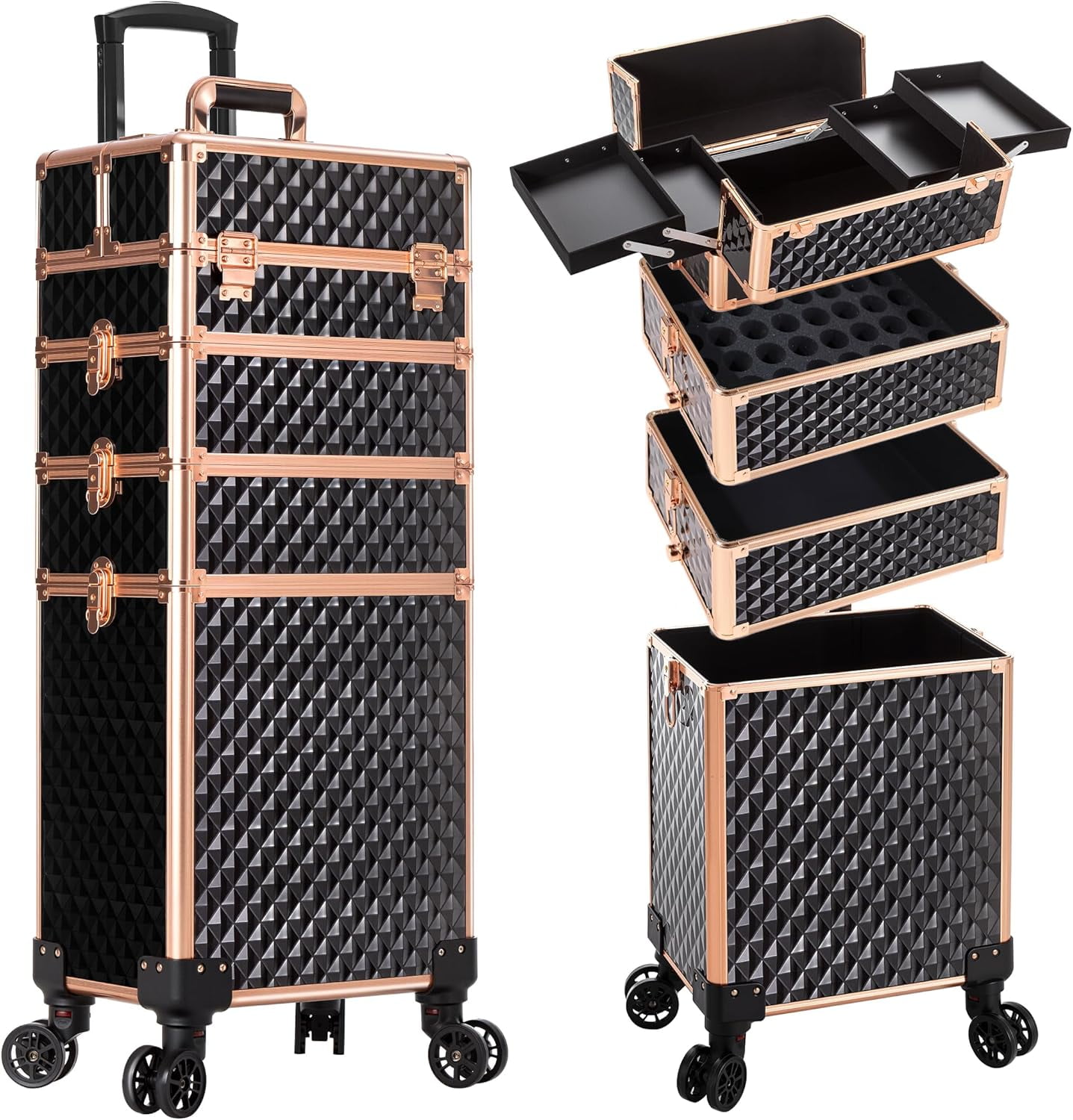 Rolling Makeup Train Case 4 in 1 Cosmetology Case on Wheels Large ...