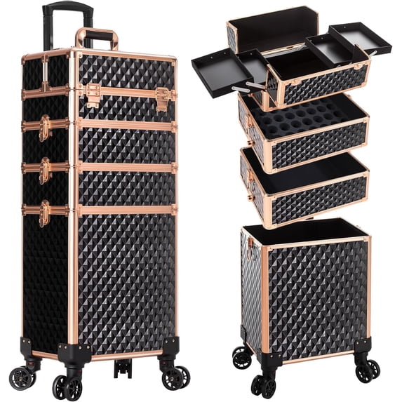 Rolling Makeup Train Case 4 in 1 Cosmetology Case on Wheels Large ...