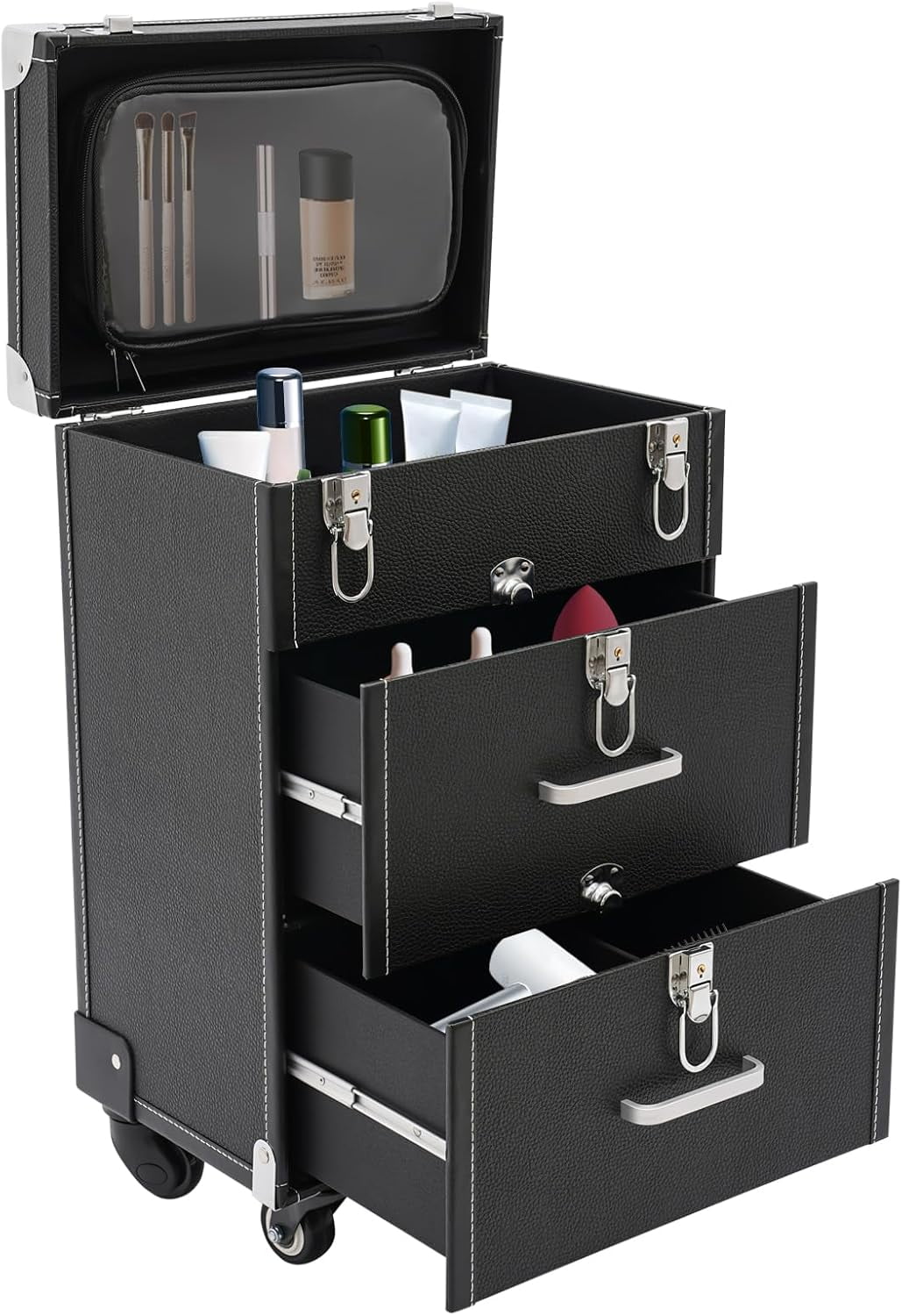 Rolling Makeup Train Case, Cosmetology Nail Case with Makeup Pouch ...