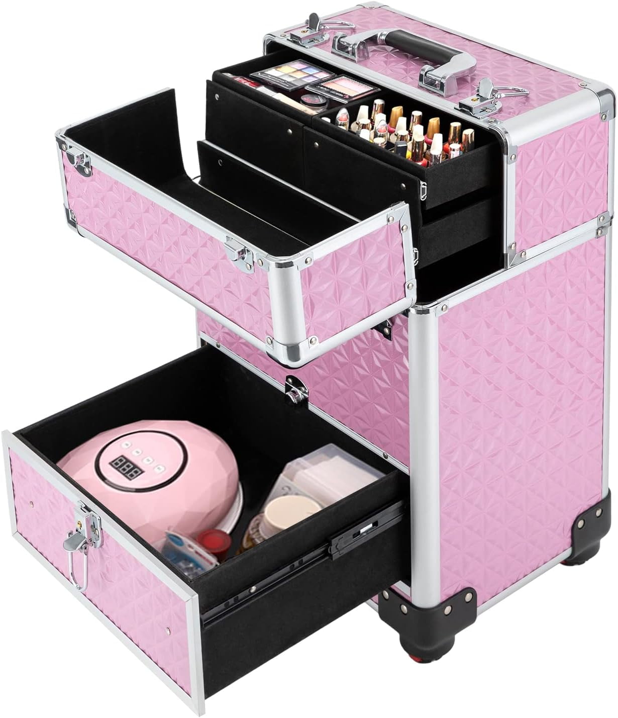 Rolling Makeup Train Case with Drawers, Cosmetic Travel Trolley ...