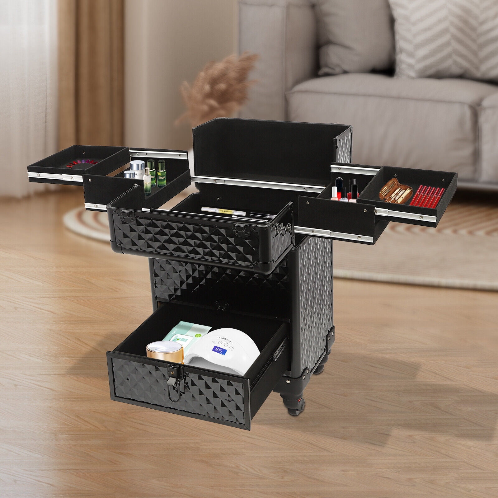 Rolling Makeup Train Case Manicure Storage Case Cosmetics Organizer ...