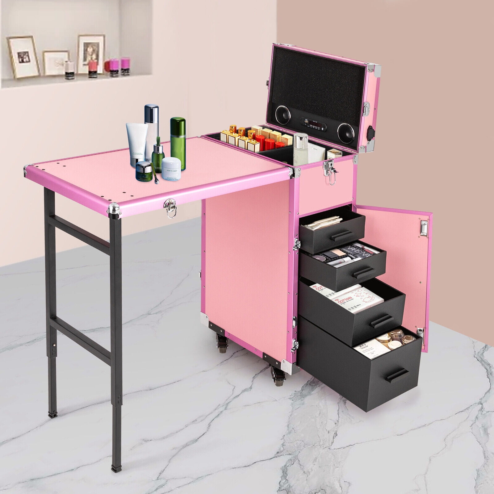 Rolling Manicure Table Nail Desk Travel Train Case Cosmetic Trolley ...