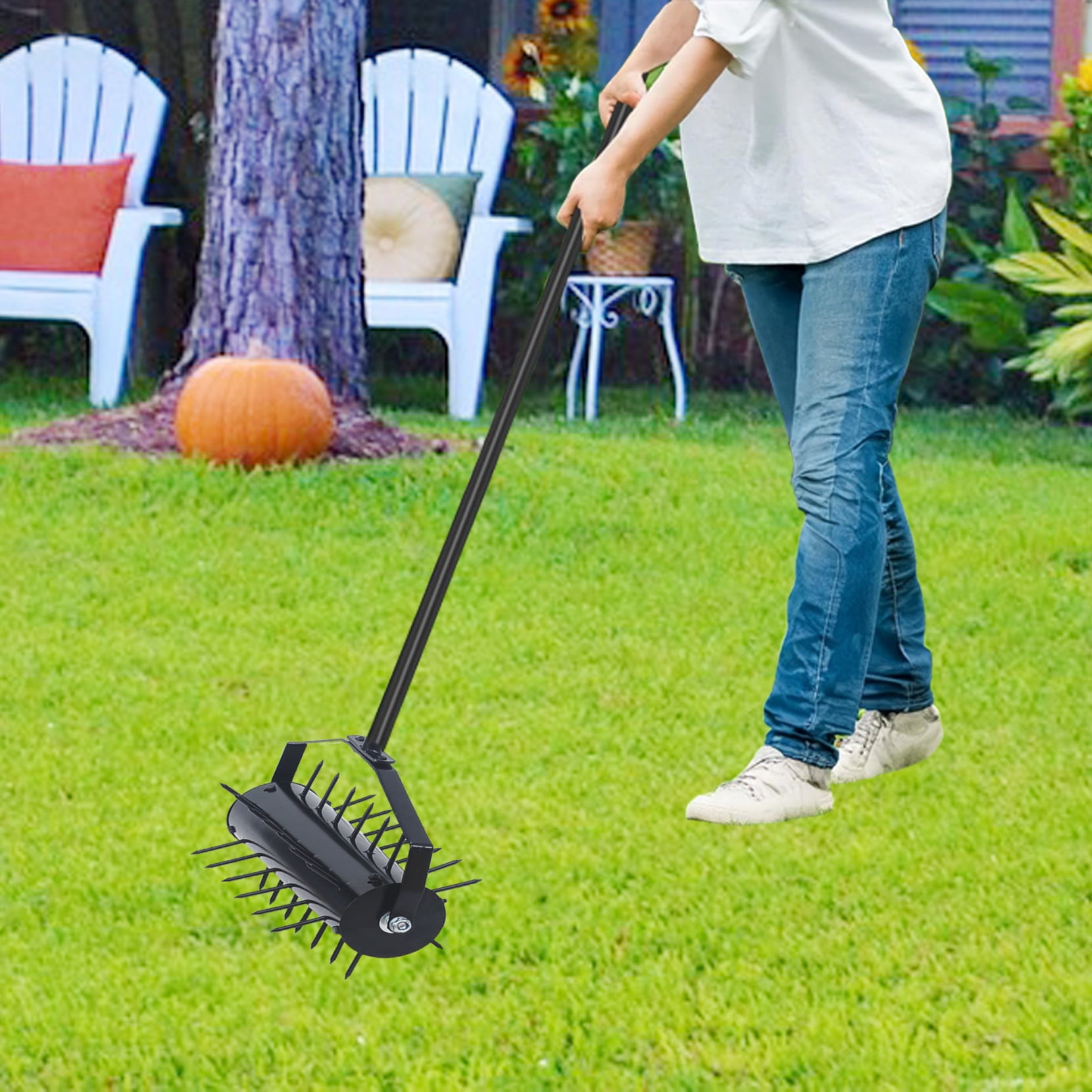 Rolling Manual Lawn Aerator with 58-inch Handle, Home Aerator with Sharp Spikes, Lawn Tool ...