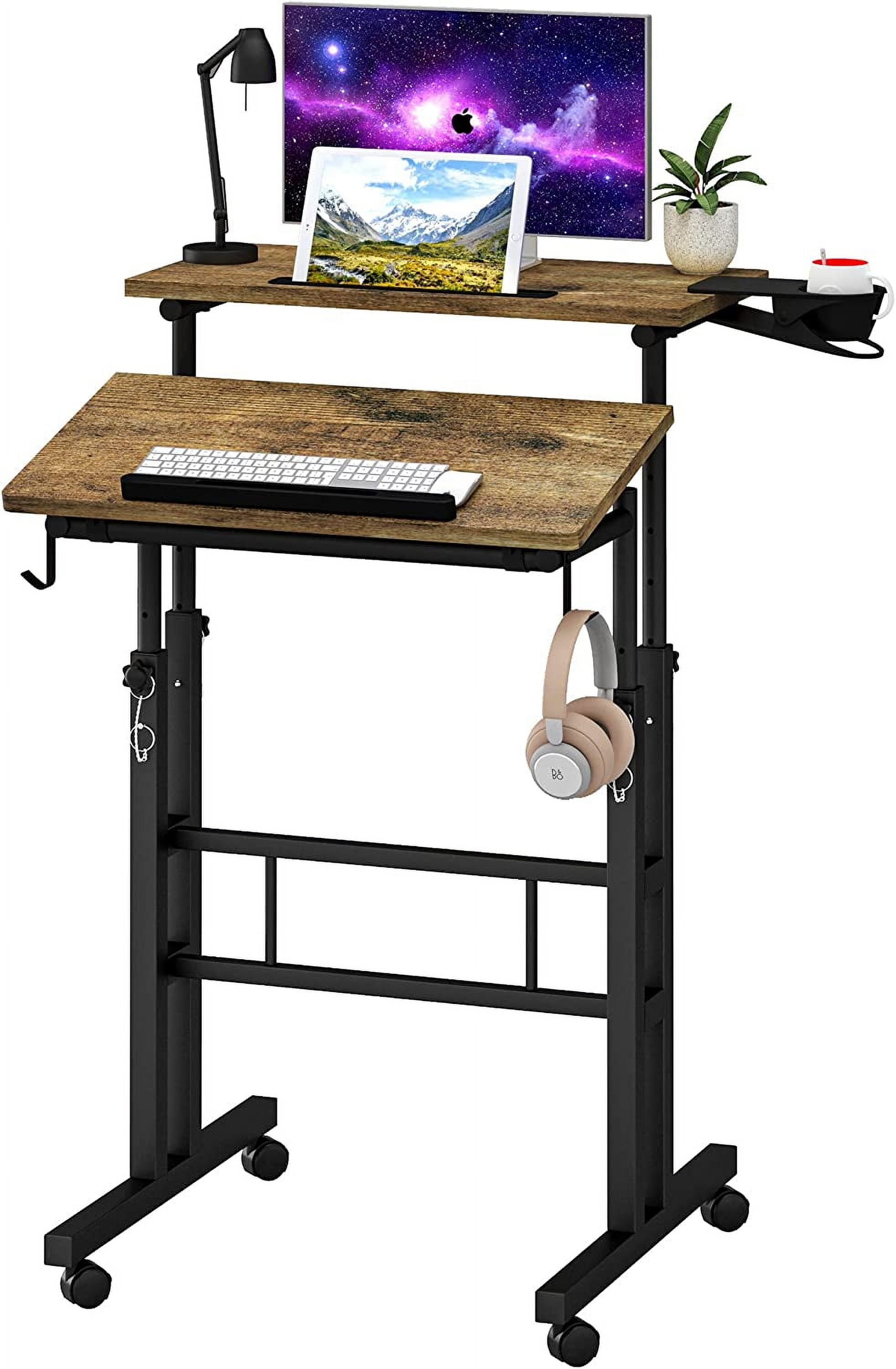 Rolling Mobile Desk with Cup Holder, Portable, Adjustable Height Small ...