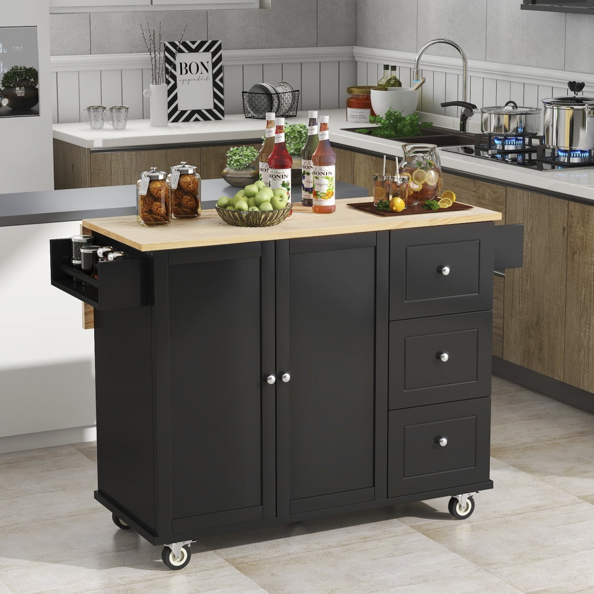 Rolling Mobile Kitchen Island, Storage Cabinet with Solid Wood Top and ...