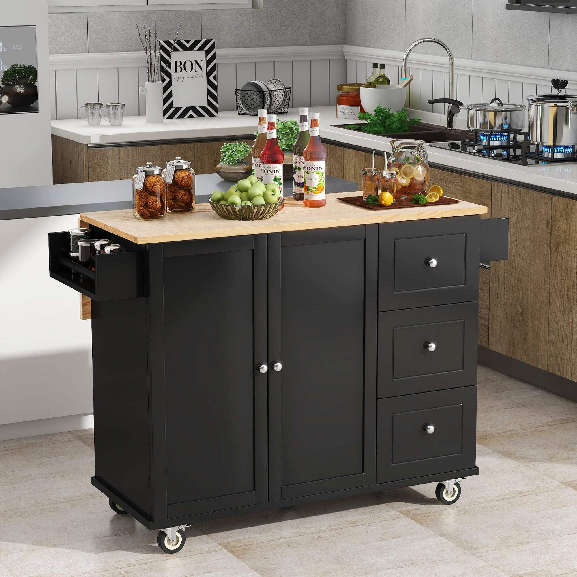 Rolling Mobile Kitchen Island With Solid Wood Top And Locking Wheels,52 ...