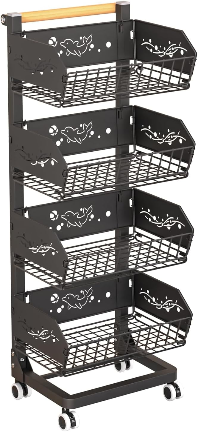 Rolling Pantry Storage Cart, 4 Tier Snack Cart with Wheels, 2 Lockable ...