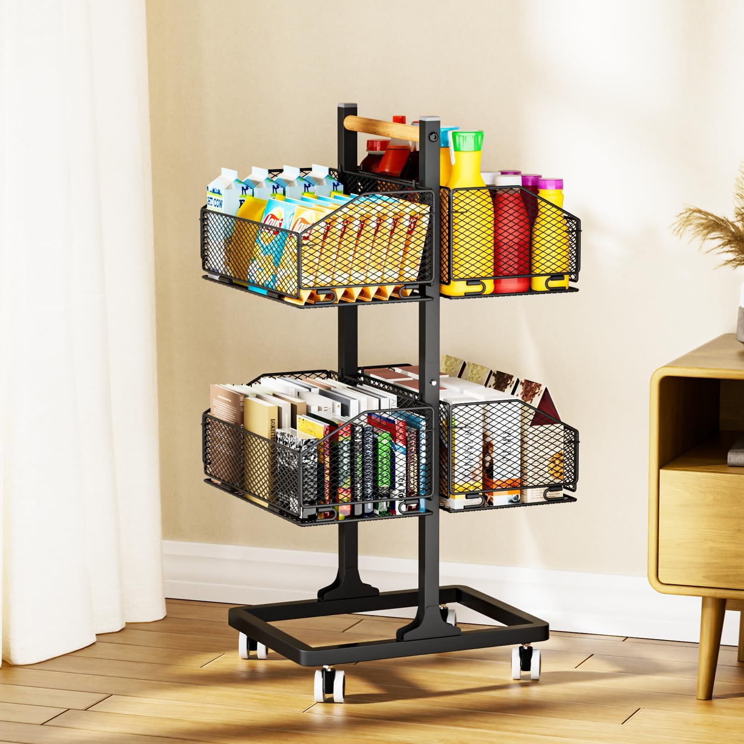 Rolling Pantry Storage cart, 4 Tier Snack Cart with Wheels, 2 Lockable ...