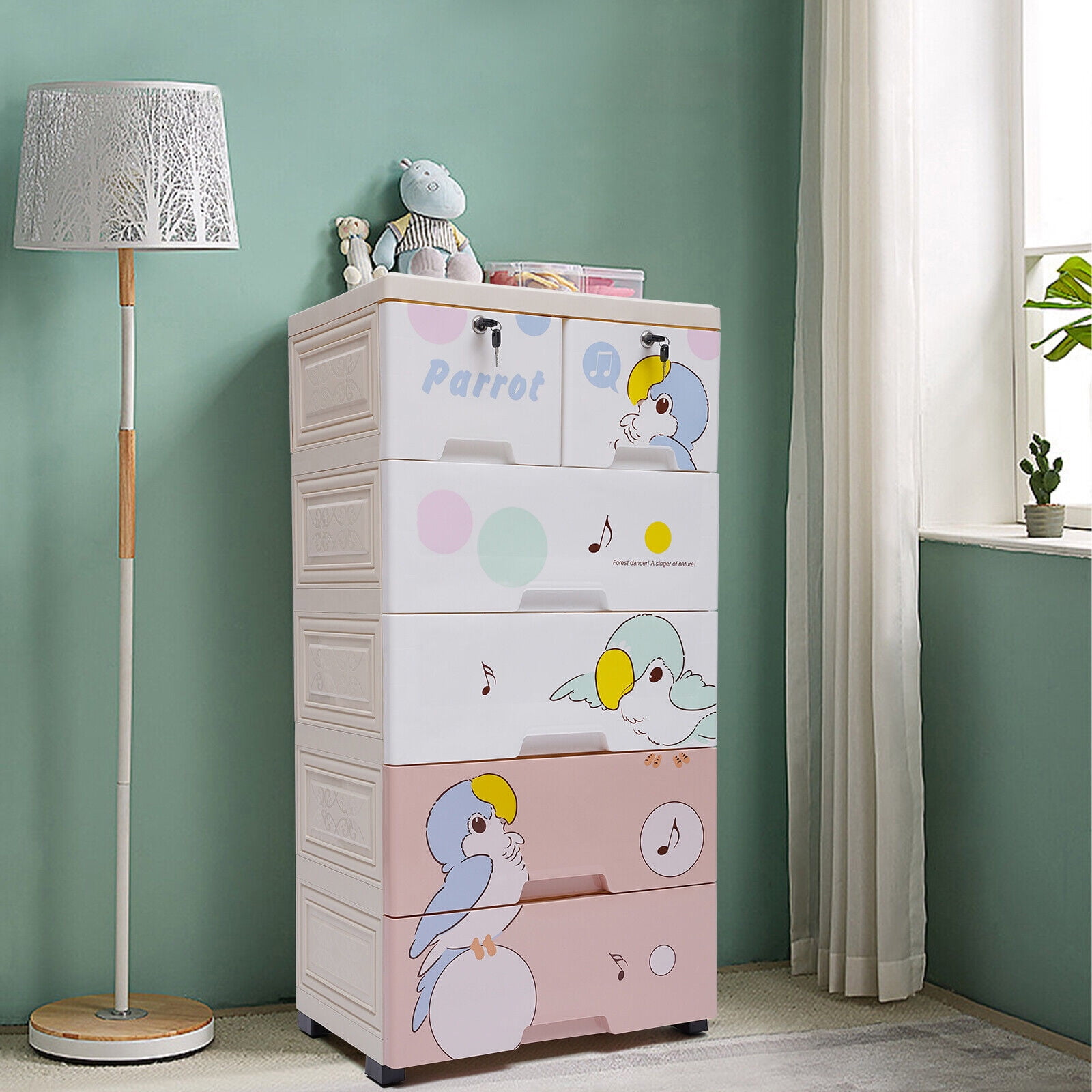 Rolling Parrot Plastic Dresser Storage Cabinet 5 Layers 6 Drawer ...