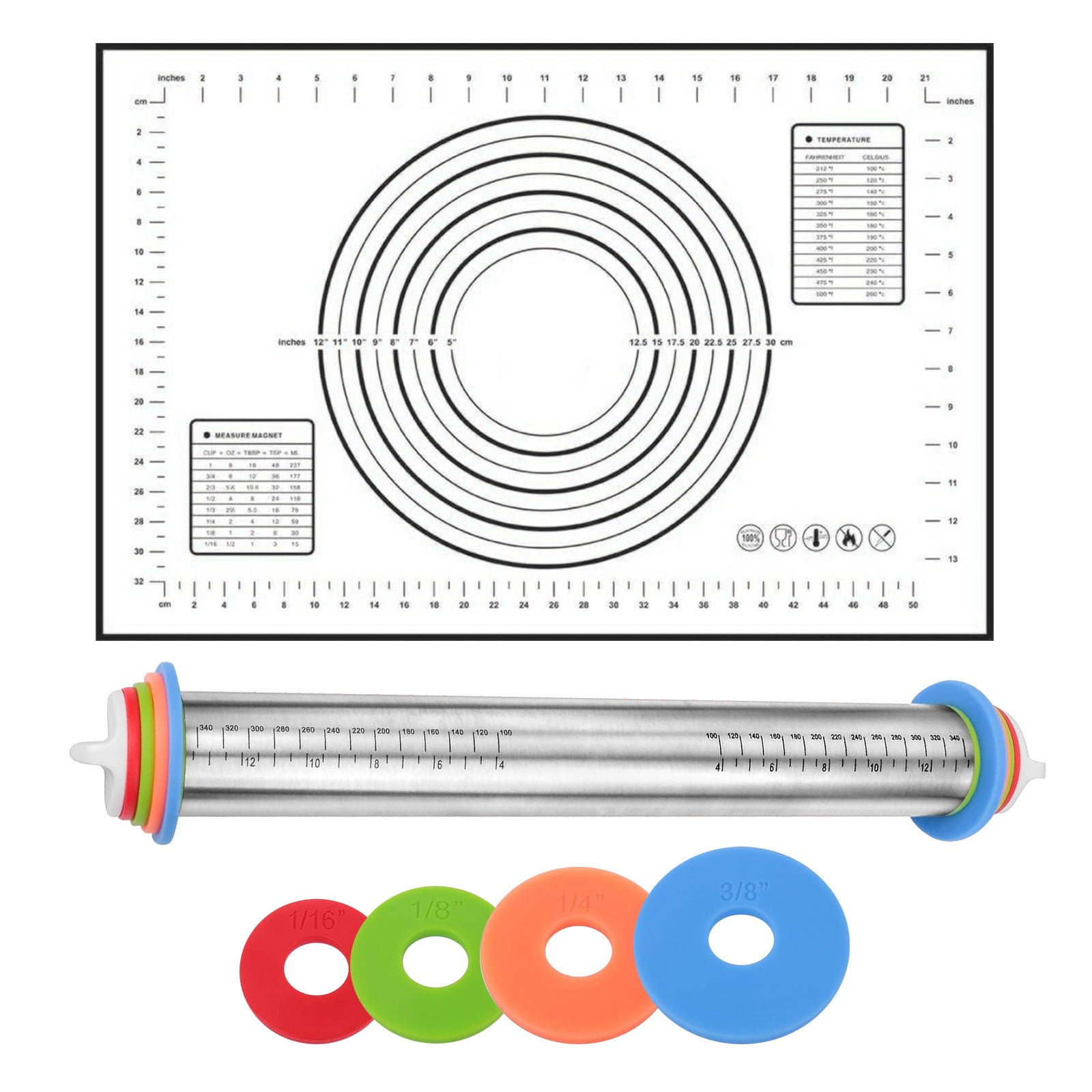 Rolling Pin and Pastry Baking Mat Set | Adjustable Thickness Rings ...