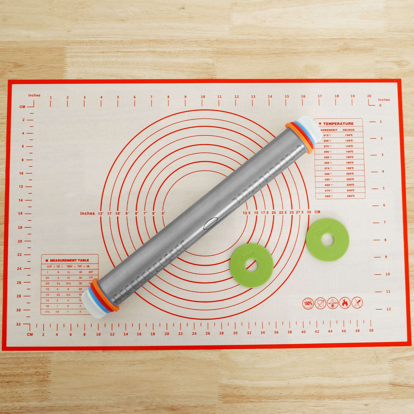 Rolling Pin and Silicone Baking Pastry Mat Set Stainless Steel Dough ...