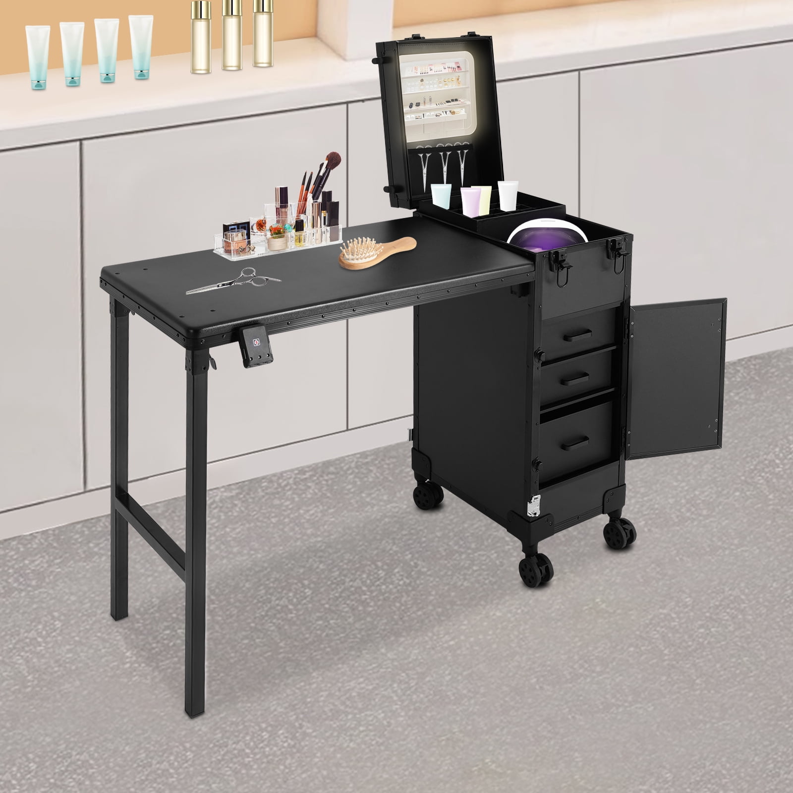 Rolling Portable Manicure Table with 3 Drawers, Lockable Makeup Case ...