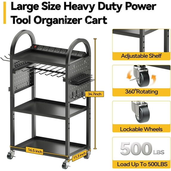 Rolling Power Tool Organizer Cart with Charging Station and 8-Outlet ...
