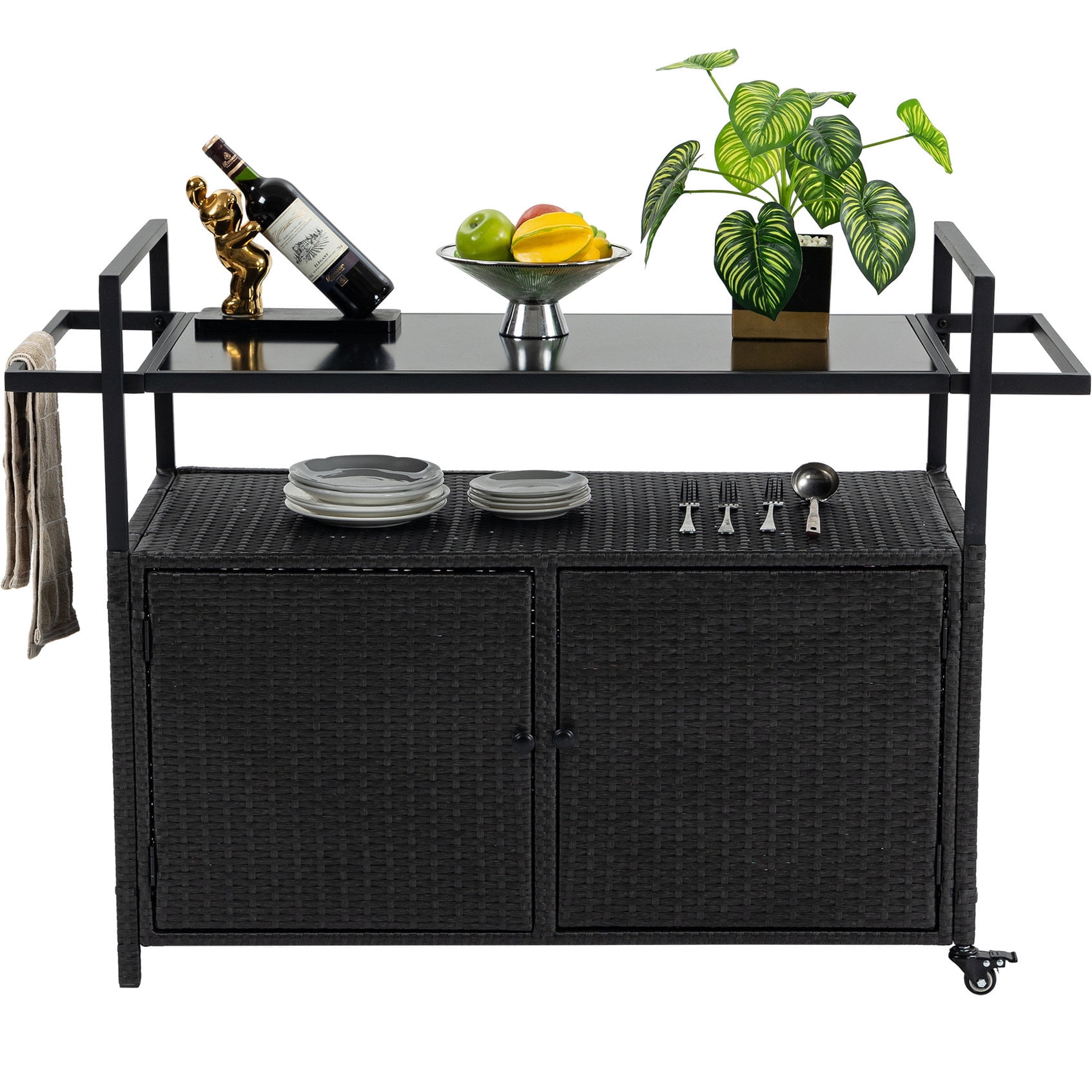 Rolling Rattan Serving Cart, Black, for Backyard Party | All-weather ...
