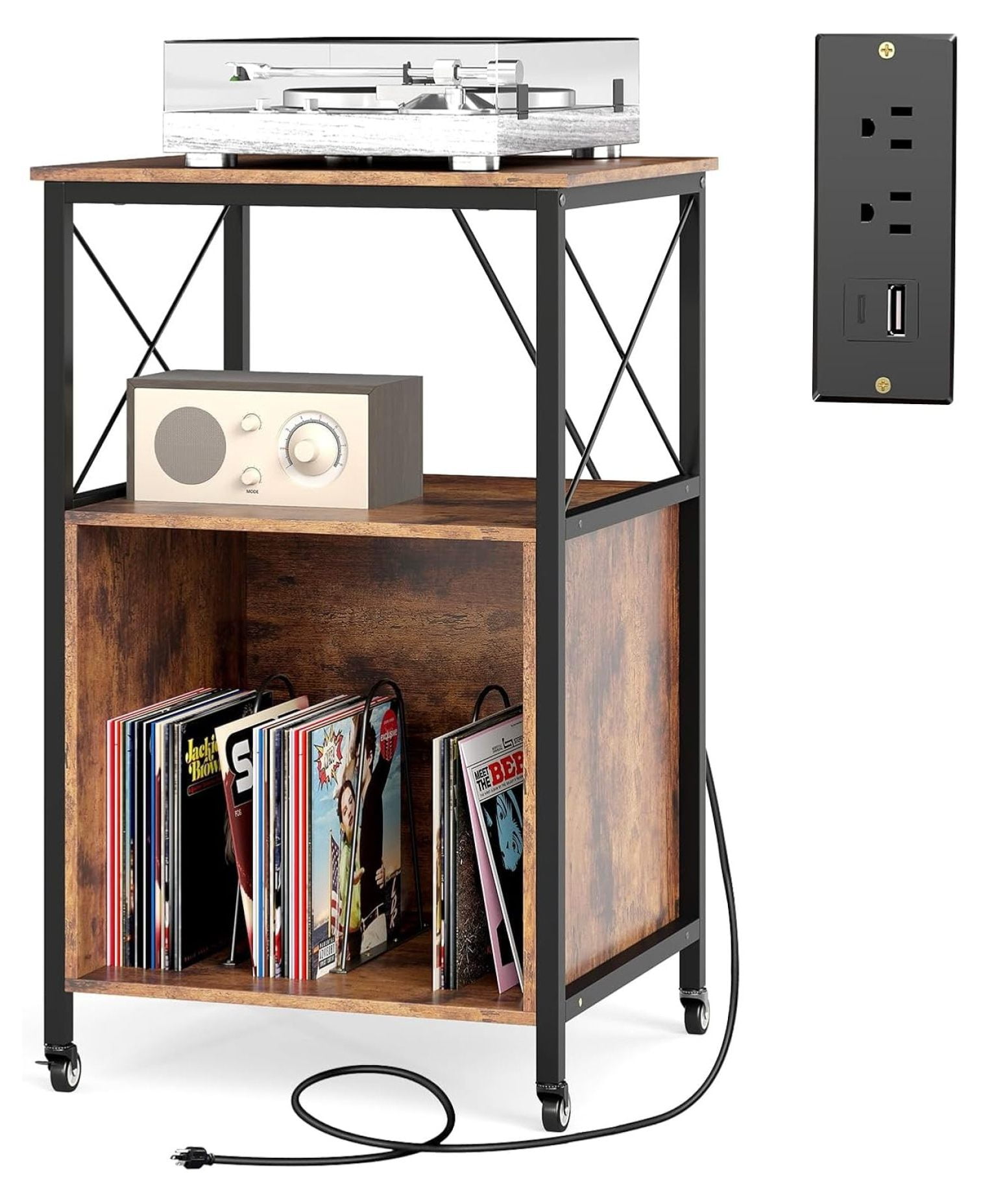Rolling Record Player Stand with Power Outlet - Mobile Turntable ...