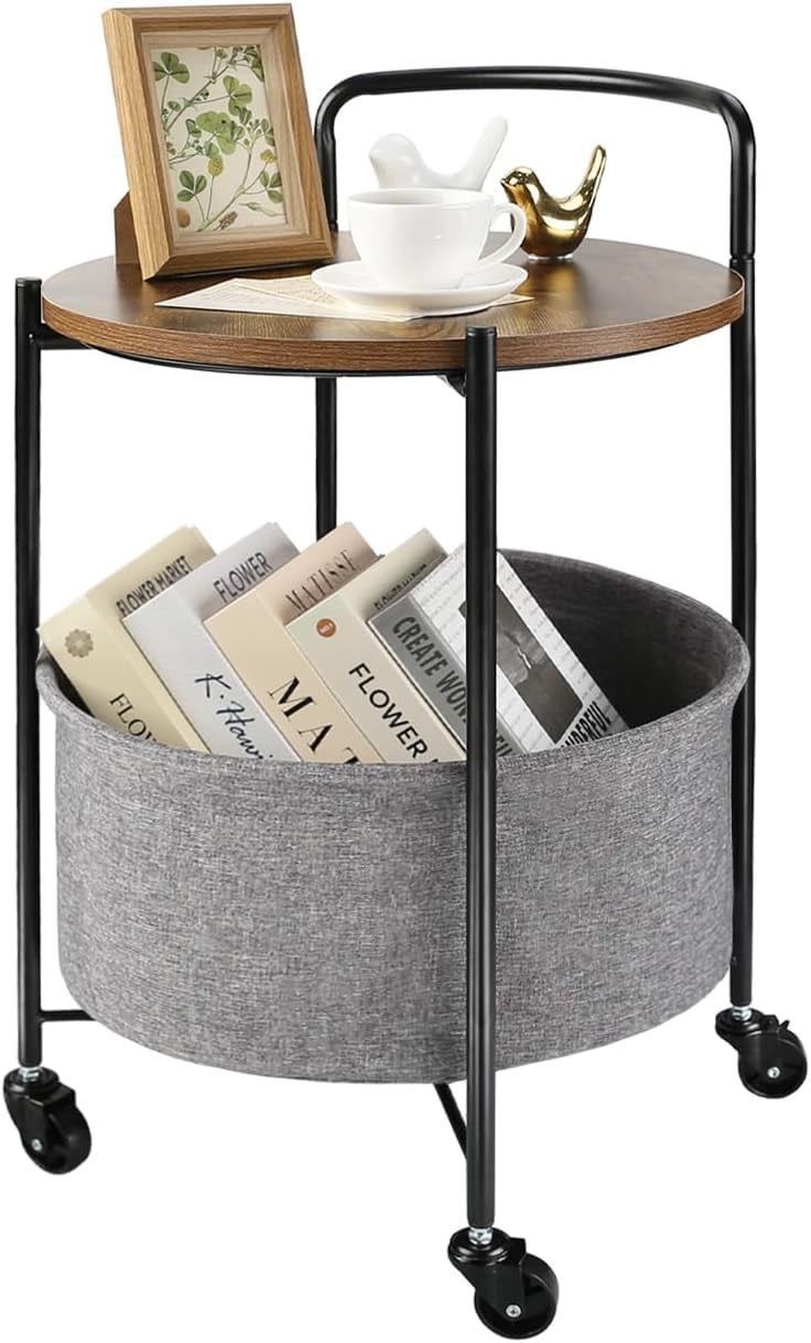 Rolling Round Metal Side Table,2-Tier Storage Side Table with Wheels ...