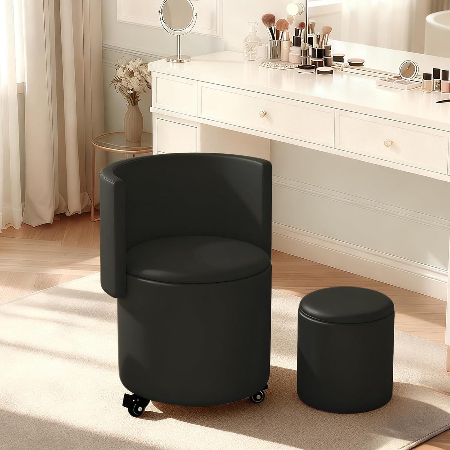 Rolling Round Vanity Chair with Storage, Swivel Makeup Chair with ...