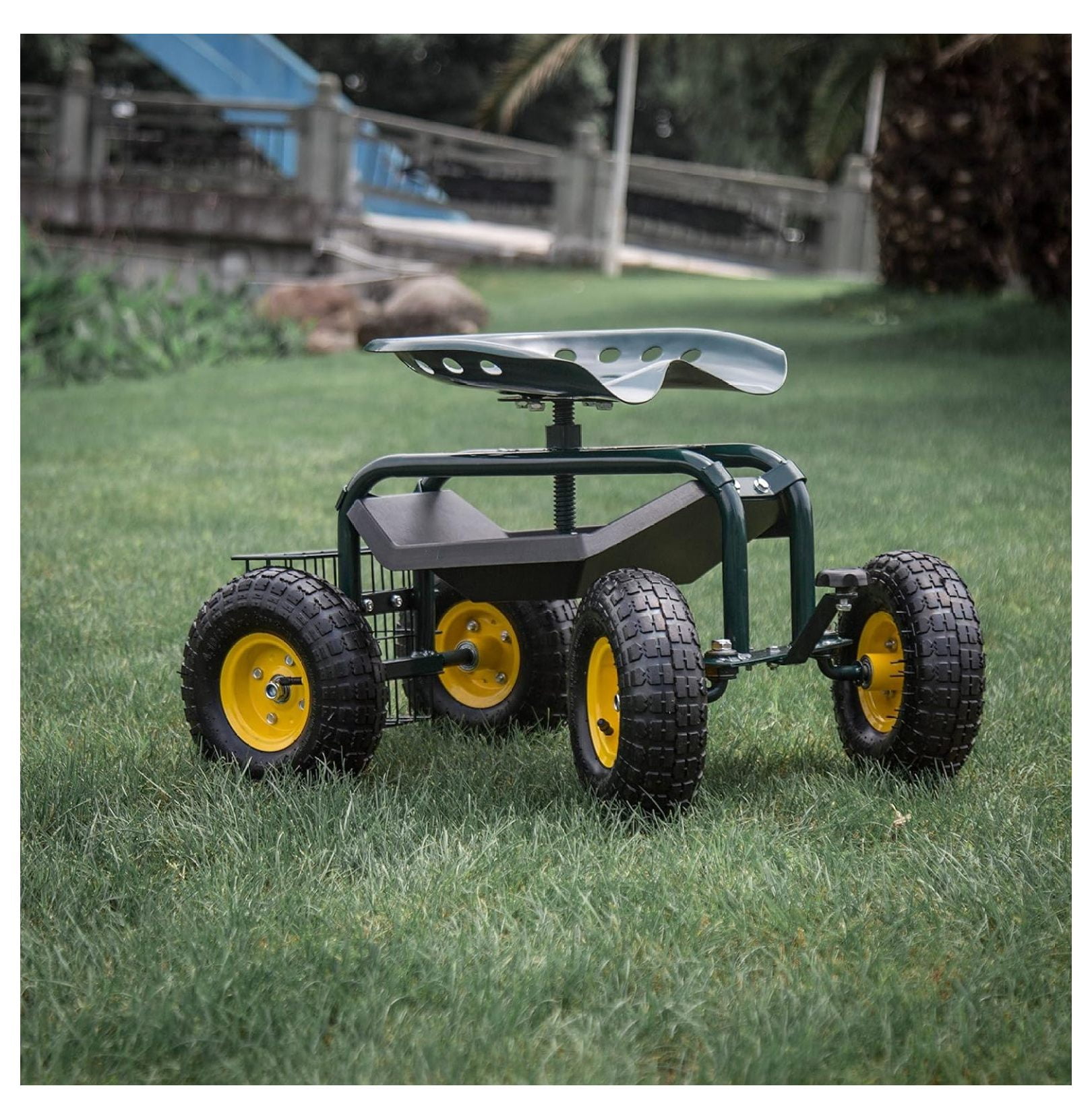 Rolling Scooter Garden Stool Cart with Tool Storage Basket & Swivel ...