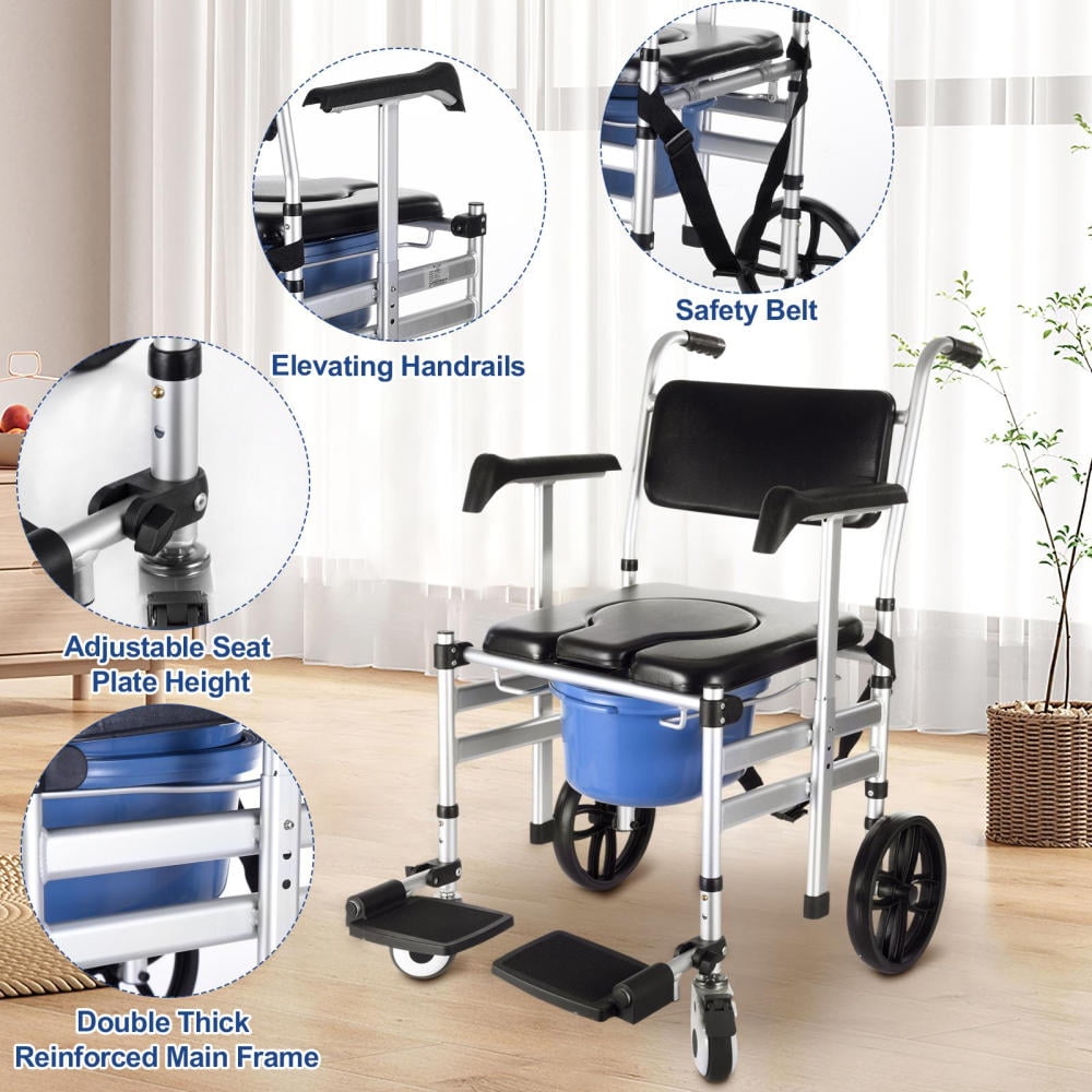 Rolling Shower Commode - Foldable Toilet Seat Riser with Wheels & Arms ...