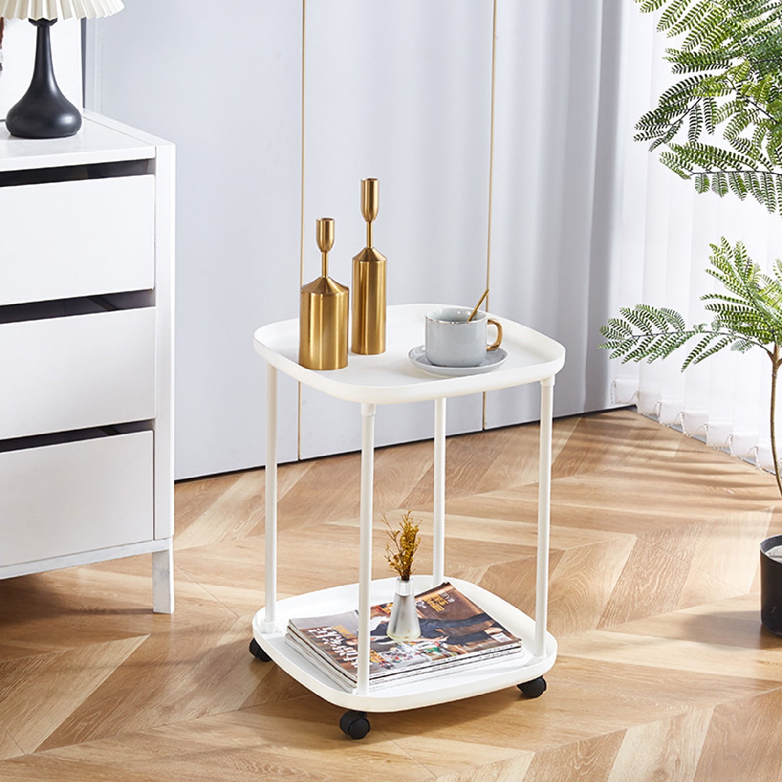 Rolling Side Table, 2 Tier Bedside Tables with 360° Wheels, Plastic ...