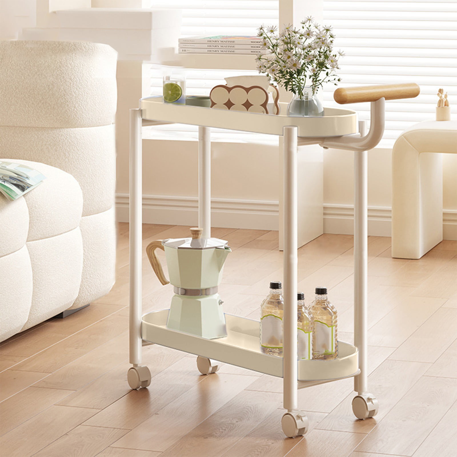 Rolling Side Table Cream Mobile End Table with Wheels Portable Nesting Table for Small Spaces ...