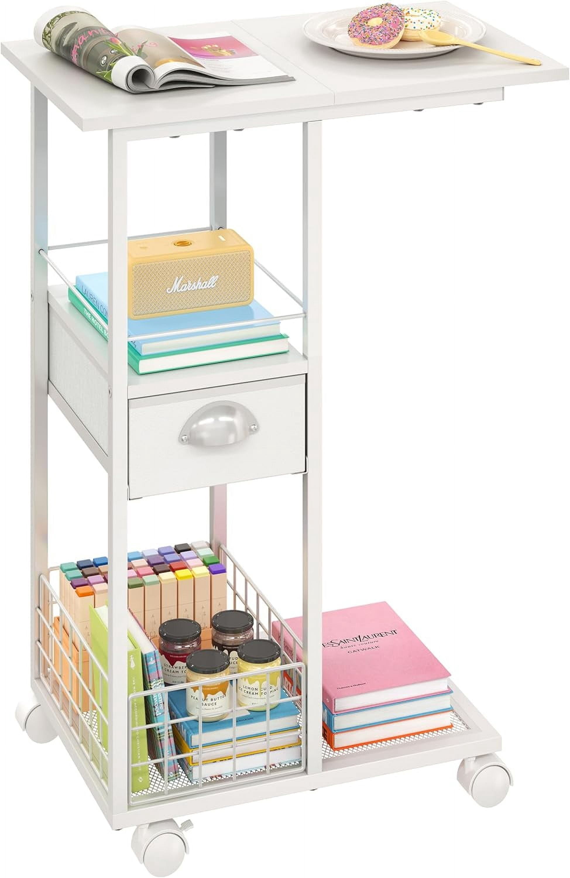 Rolling Side Table with Storage, White Bedside Table with Wheels ...