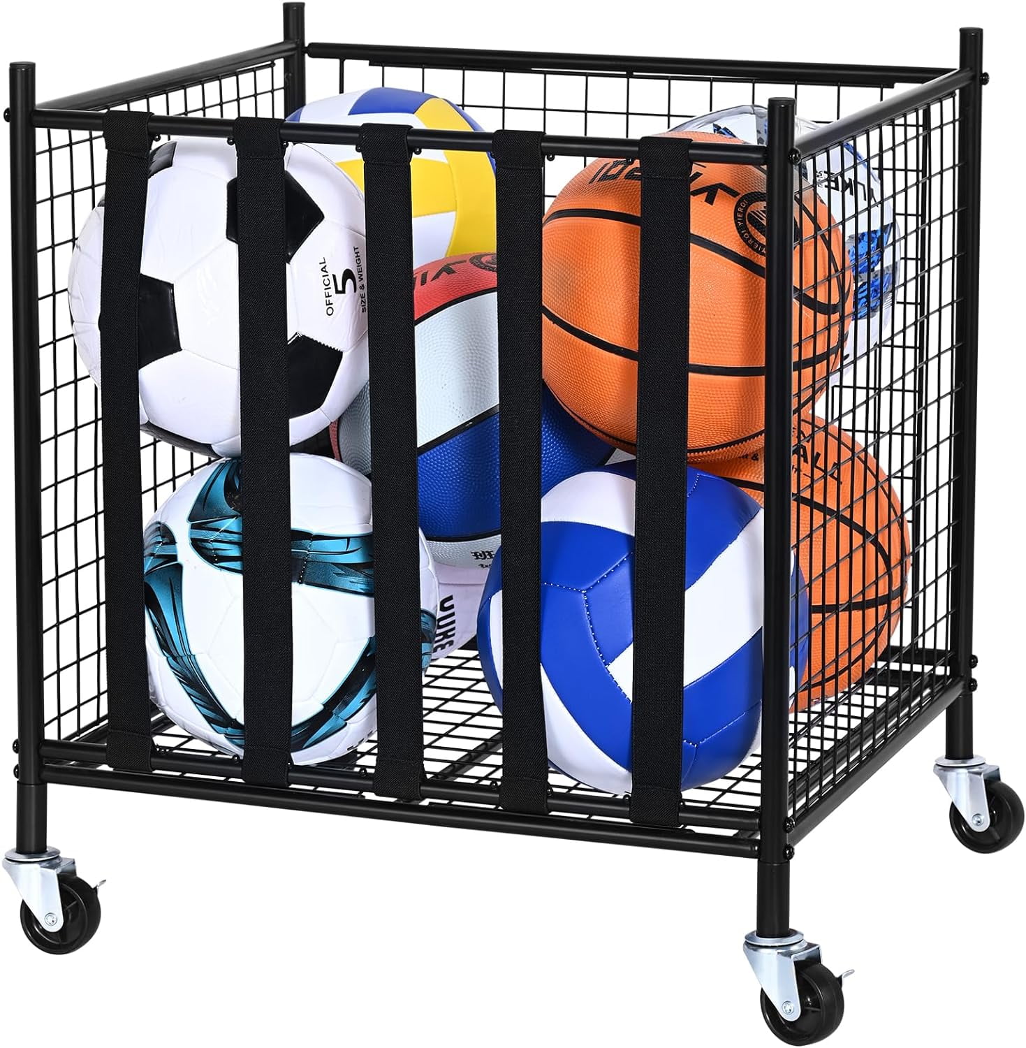 Rolling Sports Ball Storage Cart, Lockable Basketball Cage with Elastic ...