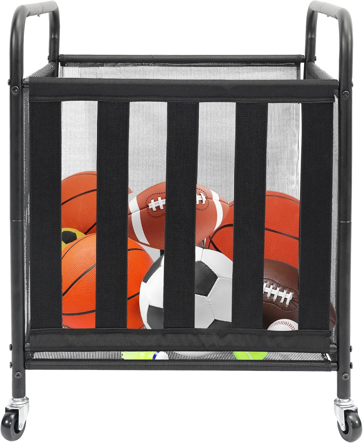 Rolling Sports Ball Storage Cart, Lockable Basketball Cage with Elastic ...
