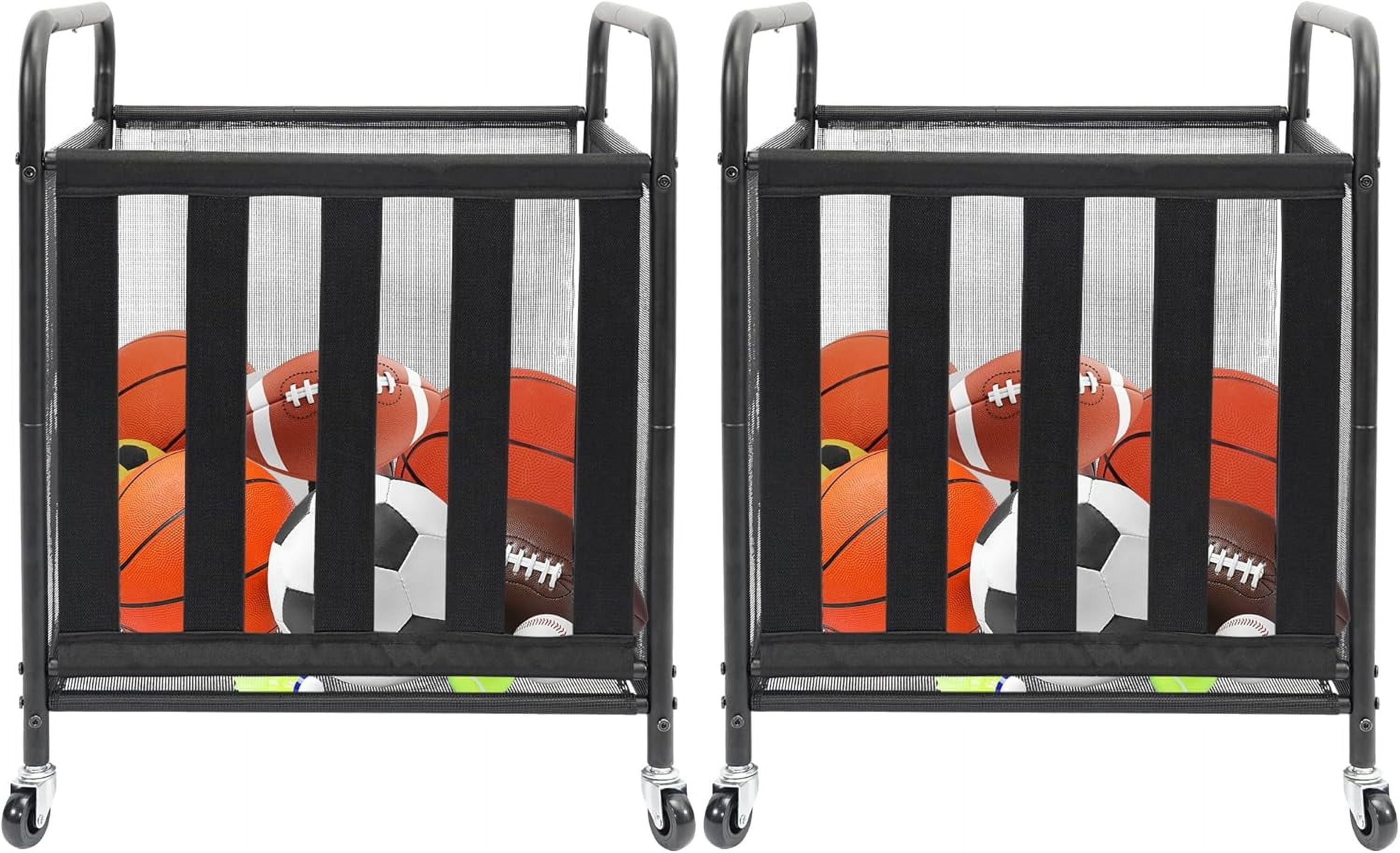 Rolling Sports Ball Storage Cart, Lockable Basketball Cage with Elastic ...