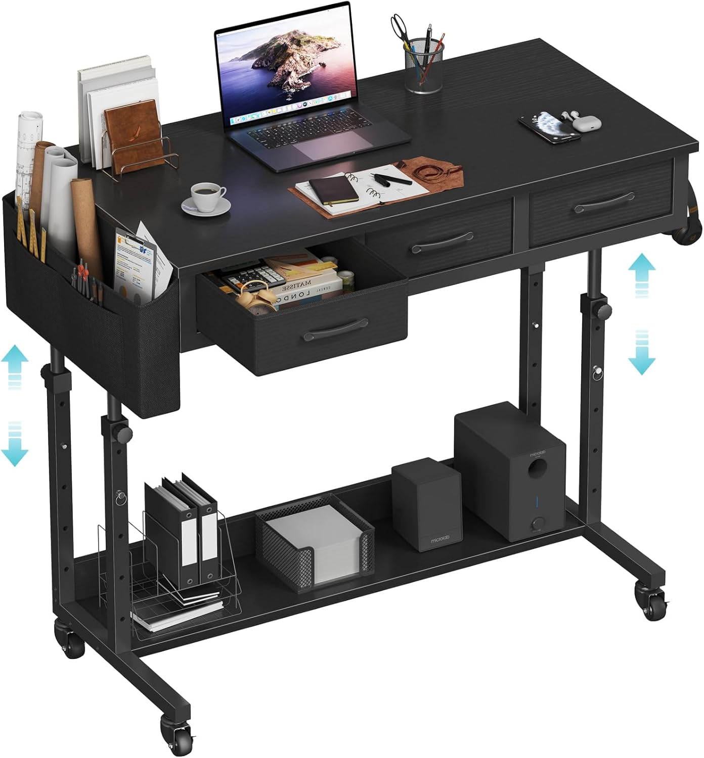 Rolling Standing Desk Adjustable Height with Drawers, 40 Inch Mobile ...