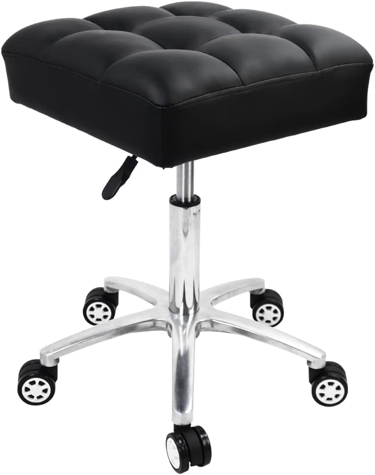 Rolling Stools Square Seat Thick PU Leather 360° Swivel Stool with ...