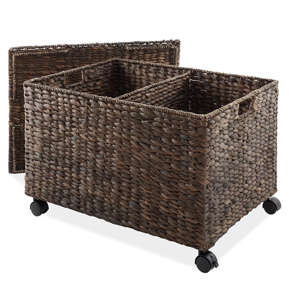 Rolling Storage Basket Cart with Lid and Locking Wheels, Handwoven ...
