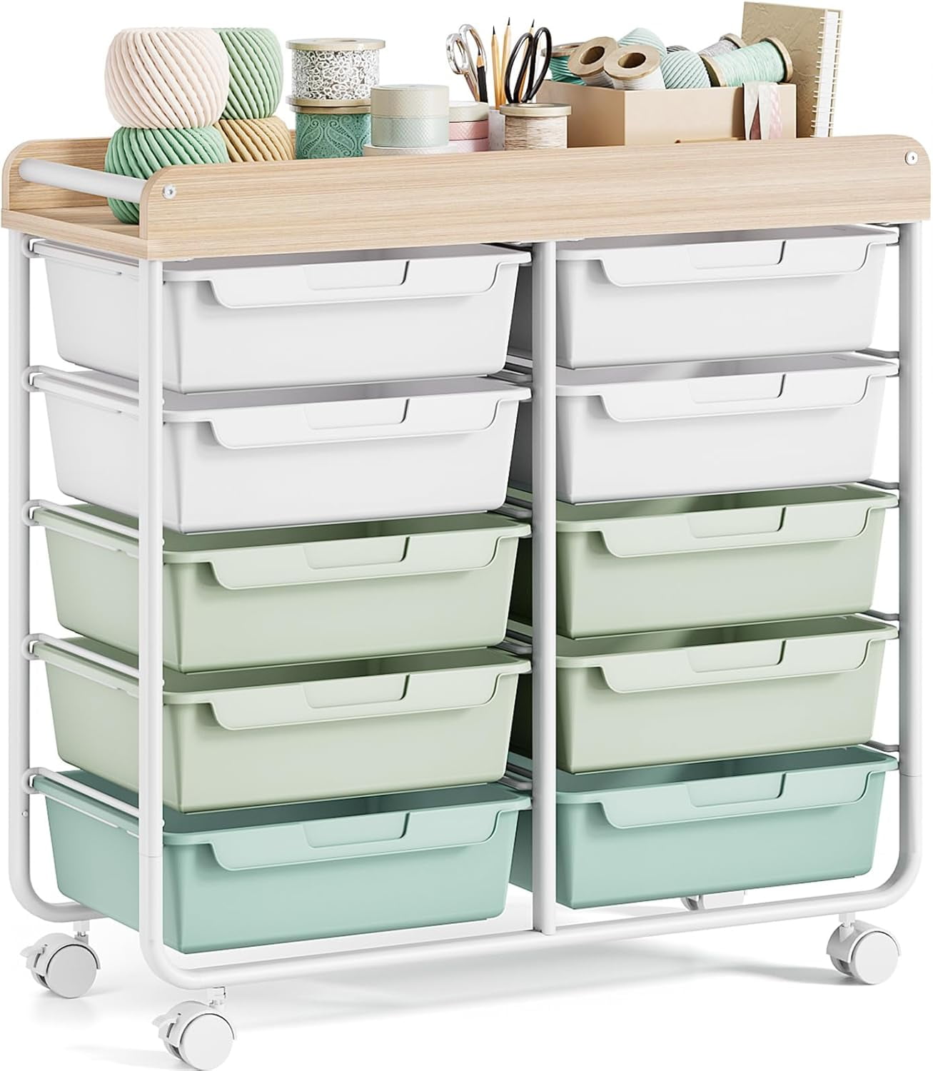 Rolling Storage Cart with 10 Large Drawers, Utility Cart with Wooden ...