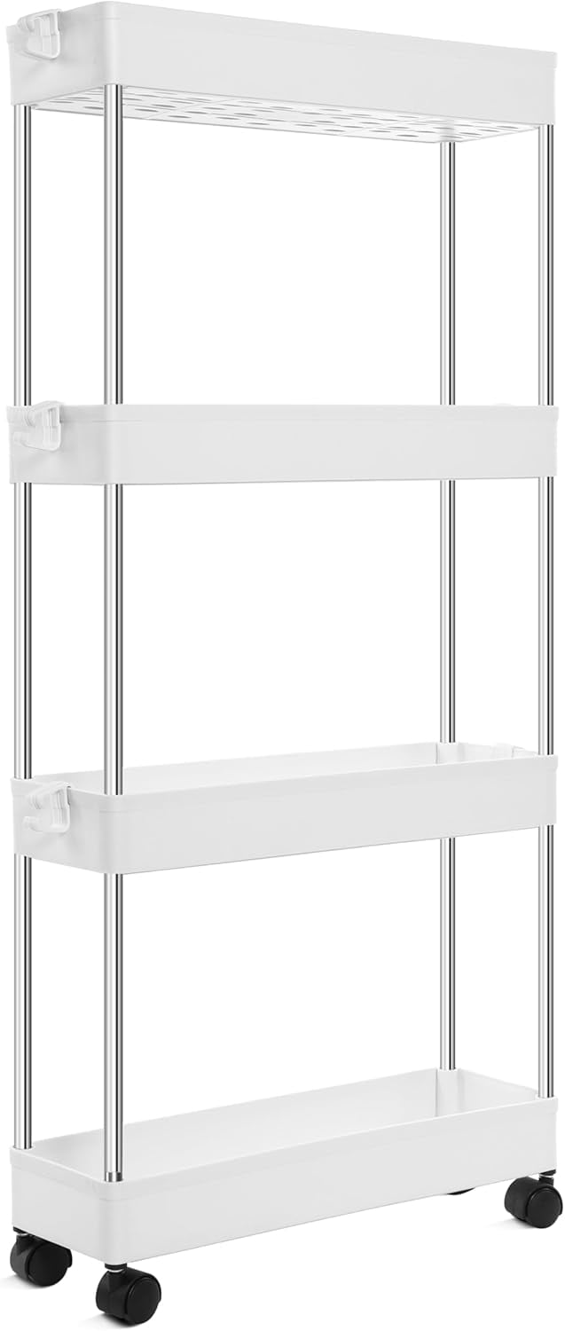 Rolling Storage Cart, 4 Tier Slim Mobile Shelving Unit for Storage, 360 ...