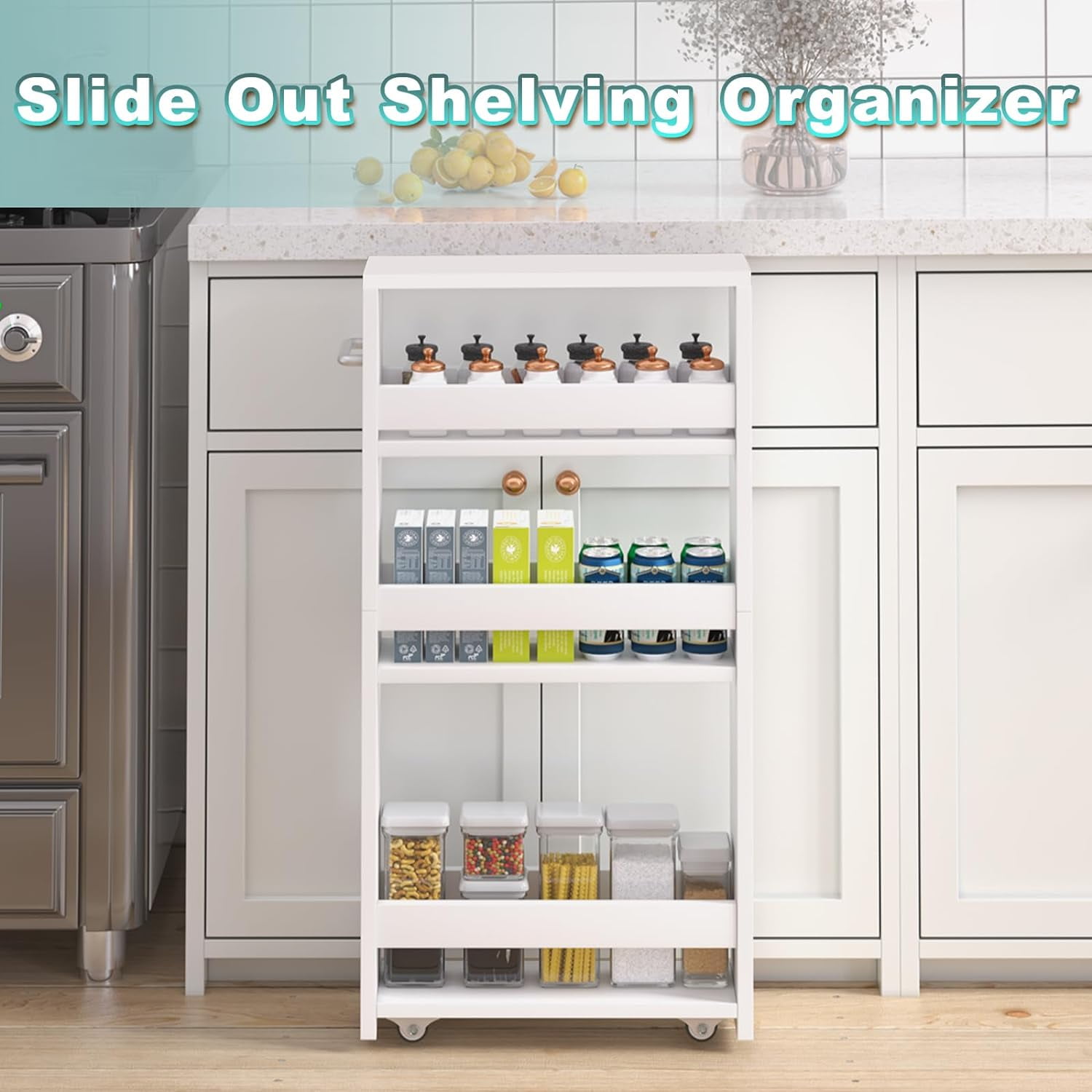 Rolling Storage Cart 4-Tier White Kitchen Cart with Wheels Slim Storage ...
