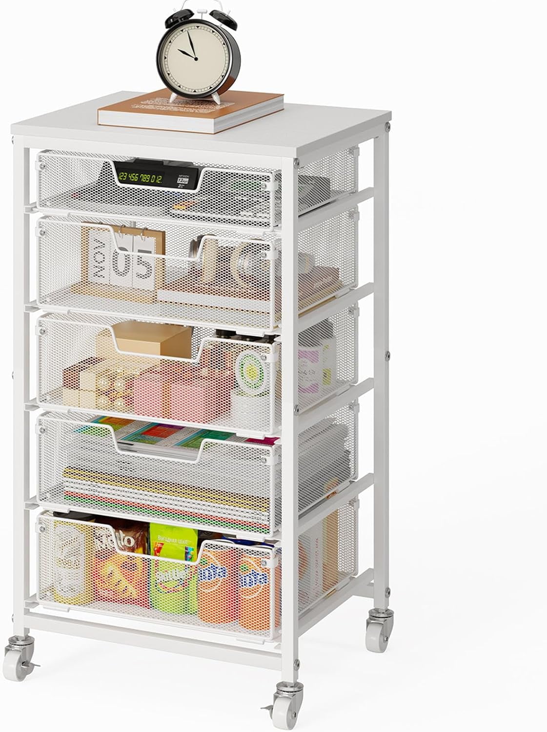 Rolling Storage Cart with 5 Drawers, Utility Cart with Wooden Tabletop ...